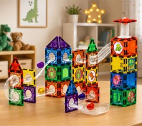LEAN Toys Magnetické stavební kostky – dráha pro kuličky STEM s motivem dinosaurů, 92 dílů
