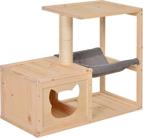 PawHut Kočičí Dům s Houpací Síťkou, Kočičí Box se Sisalovým Sloupkem, Kočičí Jeskyně, Kočičí Strom, Kočičí Aktivity Centrum, Boravicové Dřevo, Přiroze