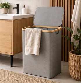 koš na prádlo, objem 100+ l, s víkem, 2 odnímatelné tašky, látka/bambus, 75x43x32 cm, šedá/přírodní, Dekorino KP20260003