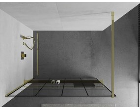 Mexen Kioto+, sprchová zástěna s poličkou a držákem na ručníky 140 x 200 cm, 8mm čiré sklo vzor černý, zlatý profil, 800-140-121-50-77