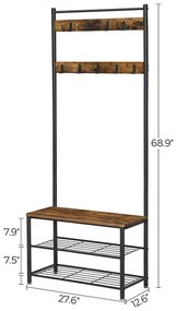 Vasagle Industriální botník s věšákem, hnědá 70x32x175cm