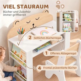 AIYAPLAY dětský stůl se židlí 2dílná dětská sezení s knihovnou a úložným prostorem, design medvěd pro děti 3-8 let, bílé