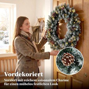 HOMCOM Vánoční věnec 60 cm Osvětlený věnec na dveře s 50 LED Šišky Umělý sníh na Vánoce Adventní dveře