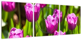 Obraz tulipánů na louce (s hodinami) (90x30 cm)