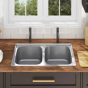 Kuchyňský dvojitý dřez se sítkem a sifonem nerezová ocel 145074