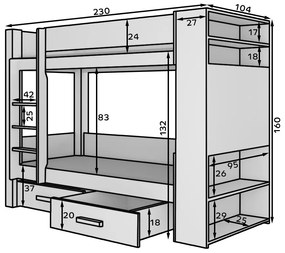 ADRK Patrová postel GARET, CH-Gar-W+G-230+M-E206, 200x90 cm s matrací, bílá/světle šedá