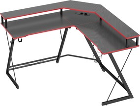 HOMCOM L-tvarovaný počítačový stůl se zásuvkami, 128 cm rohový stůl s držákem monitoru, háčkem na sluchátka a držákem nápojů