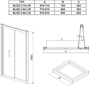 Ravak - Sprchové dveře Blix BLDZ2, 69 cm - lesklý Alubright, transparentní sklo