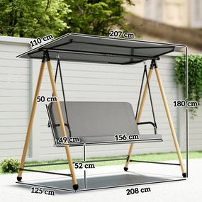 Outsunny zahradní houpačka pro 3 osoby, venkovní houpačka s nastavitelnou střechou a odnímatelným silným polštářem, 208x125x180 cm, šedá