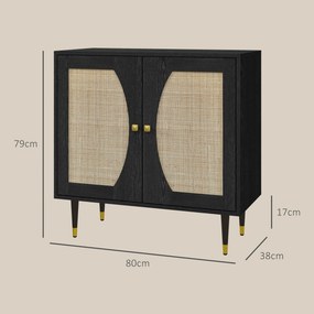 HOMCOM Buffet Skříňka s Dvojitými Dveřmi v Boho Stylu, 2 Úrovně, Ratanový Přední Panel 80 x 38 x 79 cm Černá