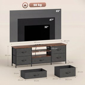 HOMCOM TV nábytek 140 cm, TV stolek 165,1 cm, dokovací stanice, 5 látkových zásuvek, otevřené police, 140x30x50 cm, rustikální hnědá