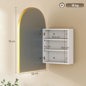 HOMCOM nástěnná koupelnová skříňka se zrcadlem a LED osvětlením, zakřivené dveře, proti zamlžení, 50x14,5x70 cm, zlatá