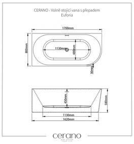 CERANO - Volně stojící vana s přepadem Euforia - levá - bílá lesklá, chromový přepad - 170x80 cm