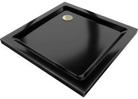 Mexen Flat čtvercová vanička do sprchového kout slim 70 x 70 cm, Černá, sifon Zlatá - 40707070G