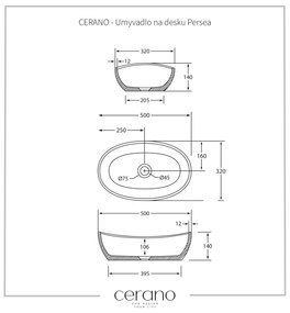 CERANO - Umyvadlo na desku z litého mramoru Persea - černá matná - 50x32 cm