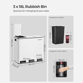 Kuchyňský pedálový odpadkový box, selektivní sběr odpadu, 3 x 18 l, bílý