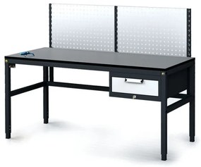Alfa 3 Antistatický dílenský ESD stůl s perfopanelem, 1 zásuvkový box na nářadí, 1600x800x745-985 mm
