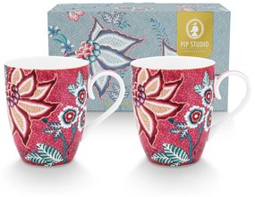 Pip Studio Flower Festival sada 2 hrnků 350ml, tmavě růžová (Kvalitní tenkostěnný porcelán v dárkovém papírovém boxu)