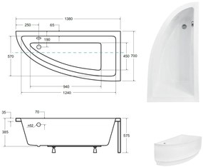 BESCO Asymetrická vana FONDI Nožičky k vaně - S nožičkami, Rozměr vany - 140 × 70 cm, Způsob provedení - Levé - OLVFON14L+OLVPINOZ
