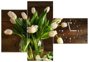 Gario Obraz s hodinami Okouzlující bílé tulipány - 3 dílný Rozměry: 100 x 70 cm