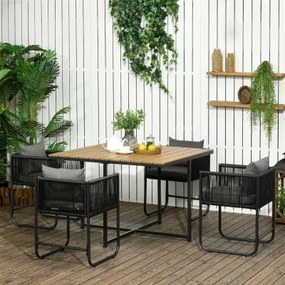 Outsunny zahradní nábytková sada 5 dílná s 1 stolem a 4 židlemi, 8 polštářů, stůl z kompozitního materiálu s dekorací dřeva