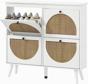 HOMCOM Skříň na boty s 4 skládacími dveřmi, 20 párů, s nastavitelnou policí, bohémský styl, solidní dřevěné nohy 105 x 24 x 97,5 cm Bílá