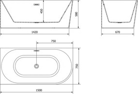 Mexen Mia, volně stojící rohová vana, lavá, 150 x 75 cm, bílá-černá, broušený grafit přepad, 52691507575L-95