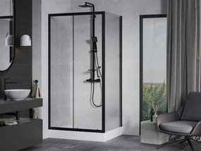 Mexen APIA, sprchový kout s posuvnými dveřmi 120 (dveře) x 80 (stěna) cm, 5mm čiré sklo, černý profil + bílá sprchová vanička RIO, 840-120-080-70-00-4510