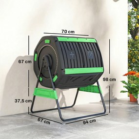 Outsunny 200 l kompostér s otočným bubnem, 94 × 67 × 98 cm – rychlý kompostér s větracími otvory a posuvnými dvířky, odolný plast
