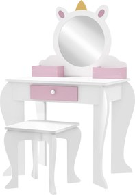 ZONEKIZ dětský toaletní stolek se stoličkou a zrcadlem, toaletní stolek pro dívky se zásuvkou a přihrádkami, design jednorožce, bílý