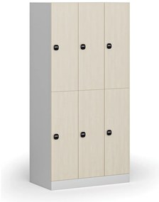 Šatní skříňka S1 s úložnými boxy, 6 boxů, 1850 x 900 x 500 mm, RFID zámek, laminované dveře, bříza