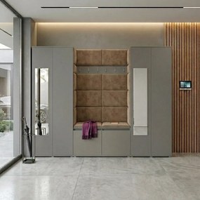 Předsíňová stěna Trinity 10 s čalouněnými panely, 280 cm, grafit/ světle béžová