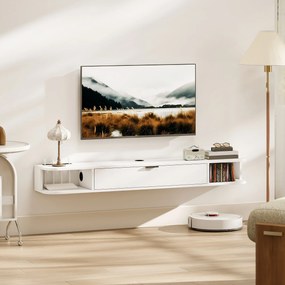 HOMCOM Závěsný TV nábytek, televizní nábytek pro televize až do 152,4 cm, výklopná zásuvka, 2 police, 140x24x16 cm, bílá