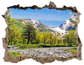 Wallmuralia Díra 3D ve zdi nálepka Řeka v horách 95x64 cm