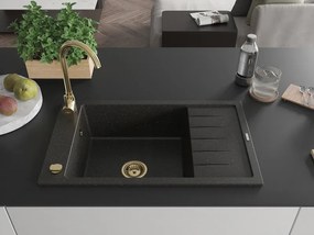 Mexen Elias, granitový dřez granitový 795x480x200 mm, 1-komorový, černá-zlatá metalíza se zlatým sifonem, 6511791005-75-G