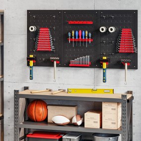 HOMCOM nástěnný pegboard 3×60 × 40 cm, 28dílný držák nářadí s háčky a přihrádkami, černá/červená