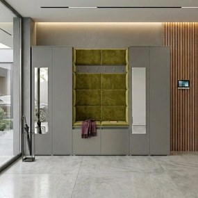 Předsíňová stěna Trinity 10 s čalouněnými panely, 280 cm, grafit/ olivová