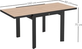 Rozkládací hliníkový zahradní stůl 80/160x80 cm Balkonový stůl odolný proti povětrnostním vlivům pro 6 osob Přírodní dřevo