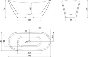 Mexen Lotos, volně stojící vana 160 x 75 cm, bílá, přepad broušený nikl, 52051607700-97