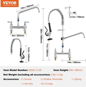 Komerční baterie s oplachovacím rozprašovačem, 66 cm výška, 20,3 cm střed, 30,5 cm