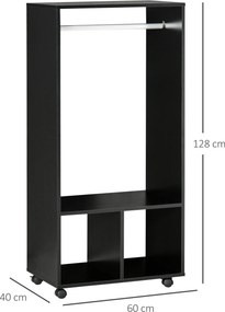 HOMCOM Skříň na kolečkách, Otevřený design s závěsnou tyčí a policemi pro organizaci oblečení do ložnice 60x40x128 cm Černá
