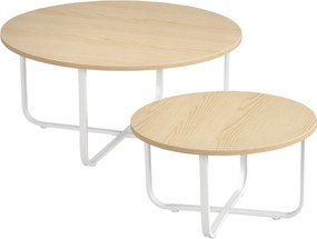 HOMCOM Sada 2 konferenčních stolků Ø65x32 cm a Ø45x26 cm - Kulaté stoly do obývacího pokoje s dřevěnou vrchní partií a kovovými nohami v přírodní a bí