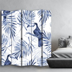 Ozdobný paraván, Modří tukani - 180x170 cm, pětidílný, obustranný paraván 360°