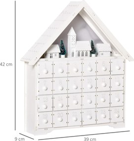 HOMCOM Adventní kalendář Vánoční dekorace, 24 zásuvek, LED světla, 39 cm x 9 cm x 42 cm, bílá + zelená 830-416