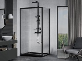 Mexen Apia sprchový kout s posuvnými dveřmi 100 (dveře) x 90 (stěna) cm, 5mm čiré sklo, černý profil + černá sprchová vanička s černým sifonem, 840-100-090-70-00-4070B