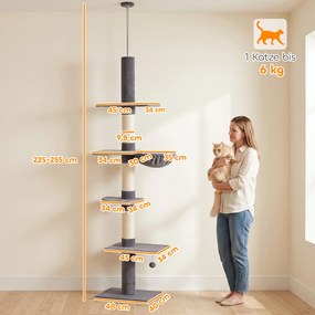 PawHut Škrabadlo do stropu 225-255 cm výškově nastavitelné Kočičí strom s 5 patry, 3 sisalovými škrabadly, houpací síť, platformy
