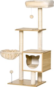 PawHut Kočičí Škrabací Strom s Výškou Platfomy 126 cm - Lezecká Věž pro Kočky s Houpacím Sítem, Domkem, Postelí, Sisalovými Sloupy a Hračkami 48x40x12
