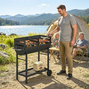 Vozík na grilování dřevěného uhlí se 2 grilovacími zónami výškově nastavitelný grilovací rošt kolečka na dřevo boční rukojeť, 103 x 46,5 x 100 cm
