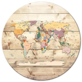 Kulatý obraz Mapa světa - barevné kontinenty na pozadí z dřevěných desek