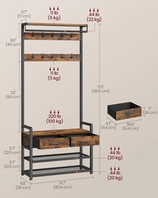 Předsíňová stěna s místem k sezení, úložným prostorem na boty, textilní zásuvkou, 30 x 80,4 x 181,6 cm, rustikální hnědá/černá